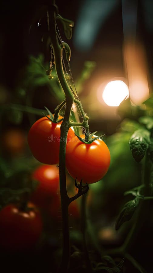 AI Generated Tomatoes Growing on a Branch in a Greenhouse. Selective ...