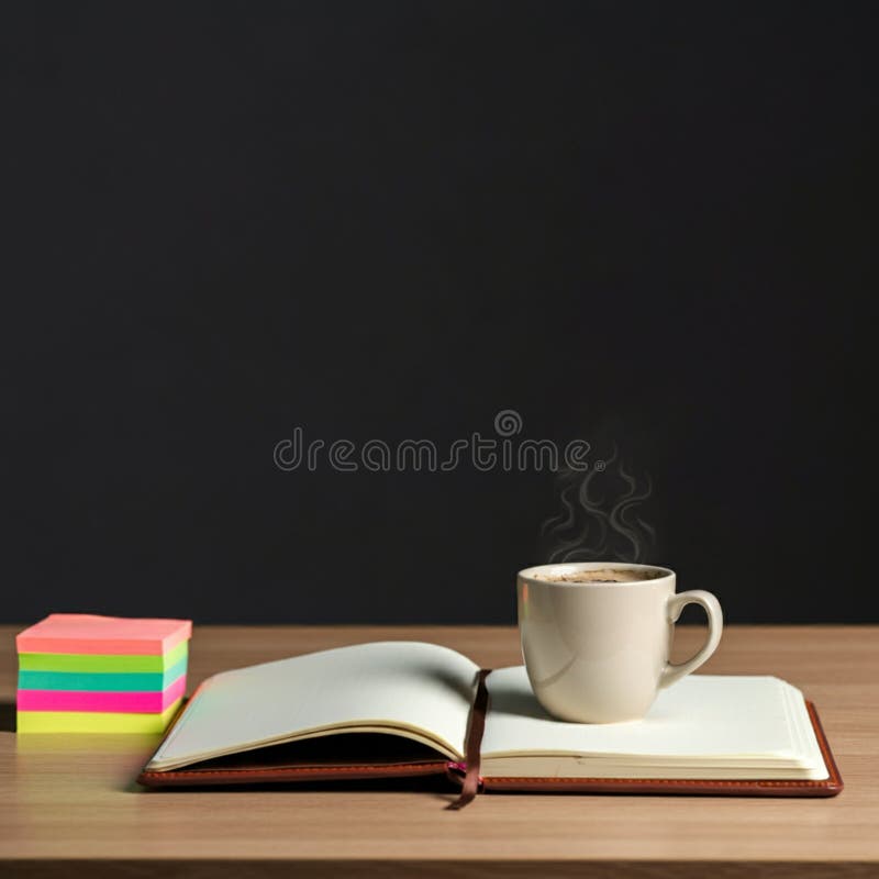 AI-Generated Top-Down View of Coffee Mug, Notebook, and Sticky Notes on ...