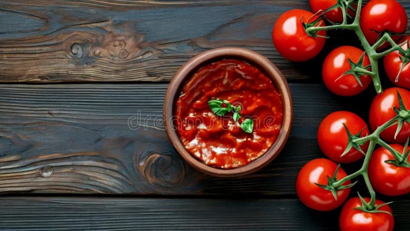 Ai-generated Top View of a Tomato Paste with Basil Leaf and Fresh Tomatoes on a Wooden Surface ...