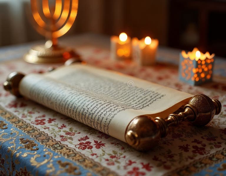 Torah Scroll on the Table with Candles and Menorah Stock Illustration ...