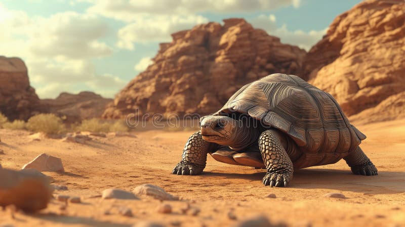 A Tortoise is Depicted in the Desert with a Rocky Backdrop Stock ...