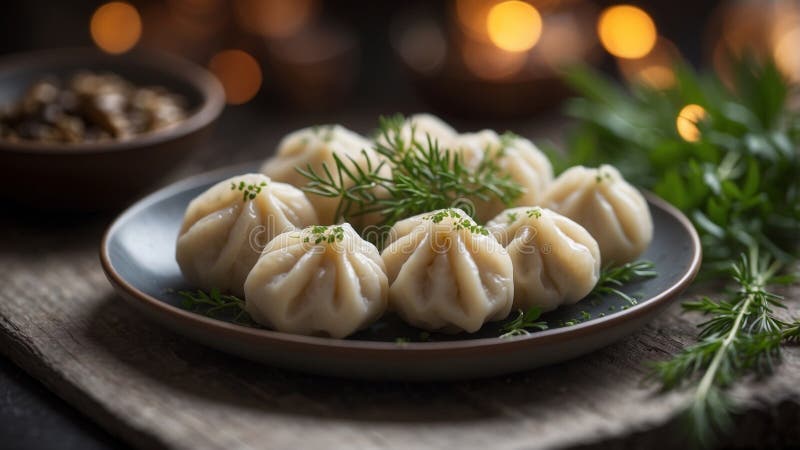 Traditional Dumplings in a Plate with Herbs. Stock Photo - Image of ...