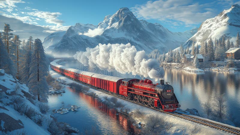 AI Train Running in Winter Snow Scene Stock Illustration - Illustration ...