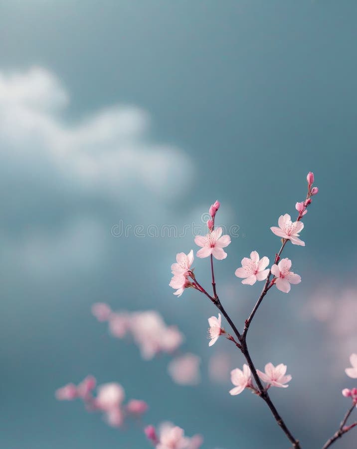 Tranquil Blue Background Highlighting the Beauty of Spring Cherry ...