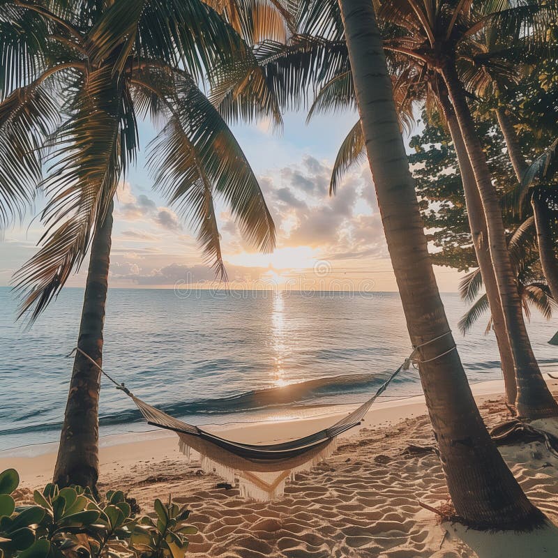 Sunset Hammock on a Serene Caribbean Beach Stock Illustration ...