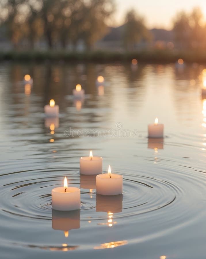Tranquil Floating Candles on Water Surface at Dusk Creating a Serene ...