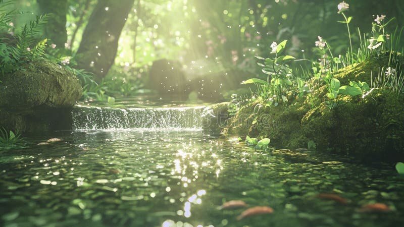 Sunlit Forest Stream stock illustration. Illustration of idyllic ...