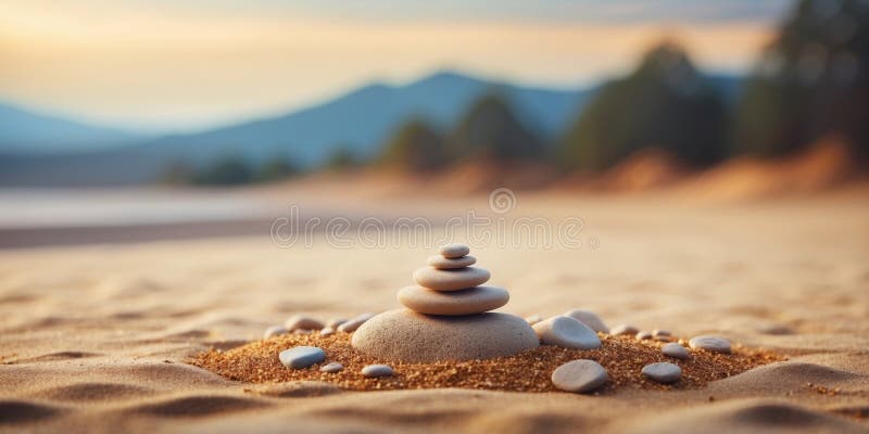A Tranquil Sand Landscape with a Smooth Stone on a Mound. Stock ...