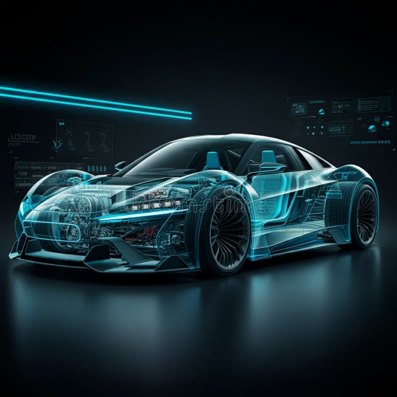 AI-Generated Translucent Car Rendering with Blue Glowing Highlights and ...