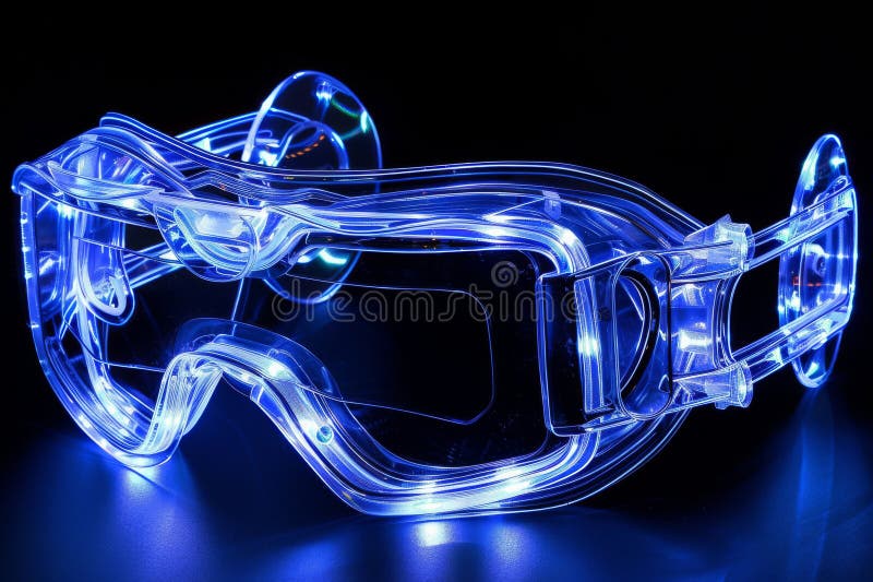 Transparent VR Goggles with Blue Neon Lights, Representing Modern ...