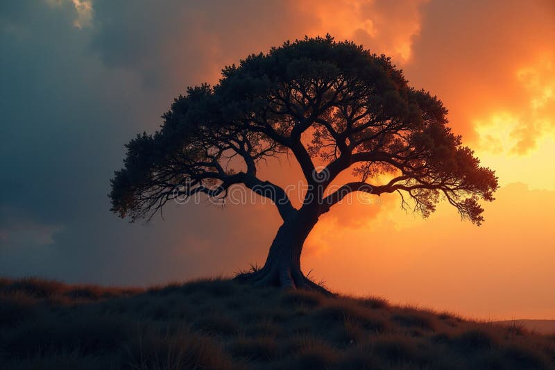 AI-generated Tree Against a Sunset Sky, Casting a Serene Silhouette ...