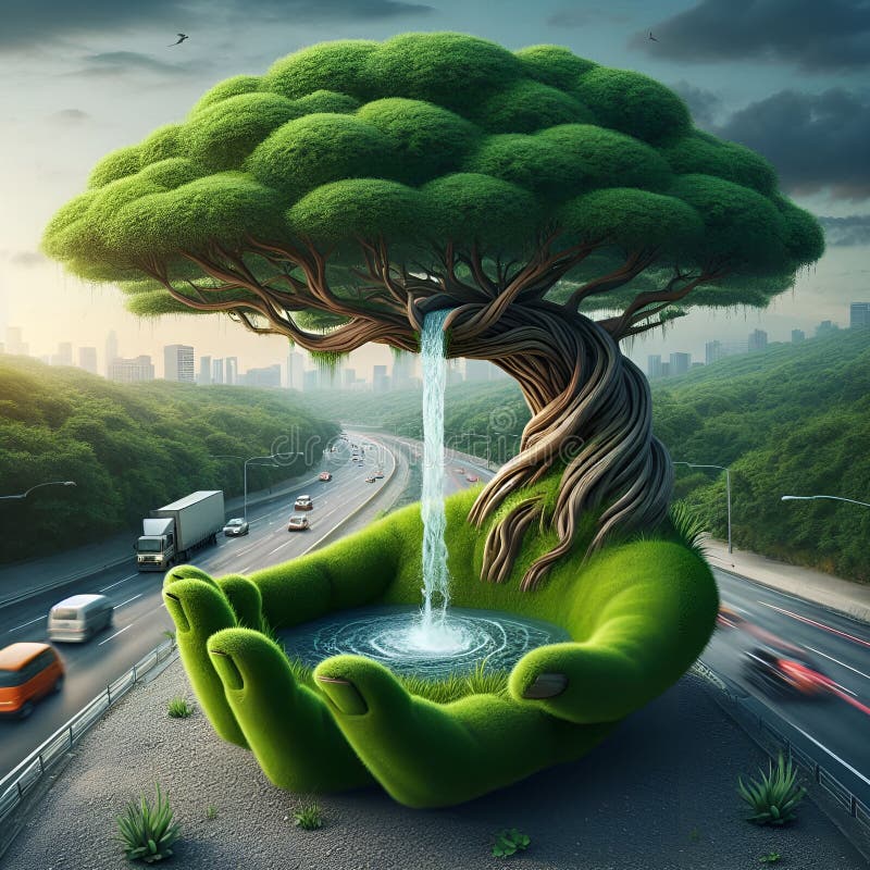 AI-generated Tree with Waterfall and Grass Hand in a Bustling City Sun ...
