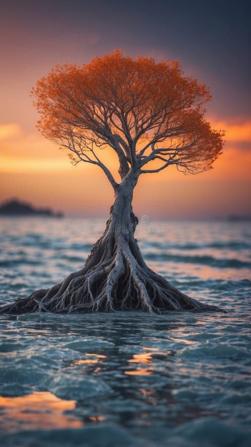 A Tree Whose Roots Glow Like Lava, Growing in the Middle of a Frozen ...