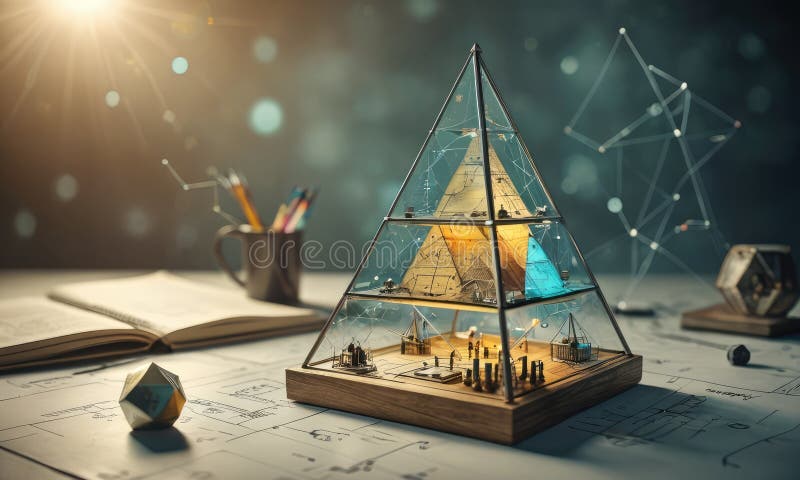 A Pyramid Made of Glass Sits on a Table Next To an Open Book. Stock ...
