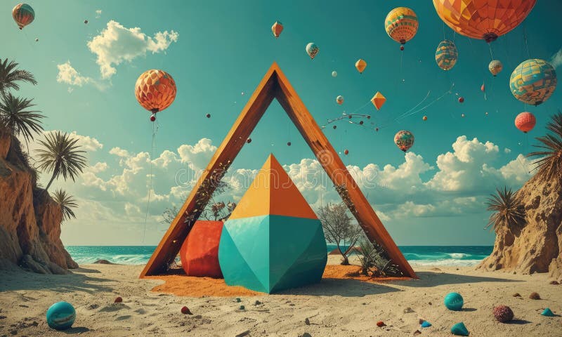 A Beach Scene with a Triangle and a Few Other Shapes in the Sand. Stock ...