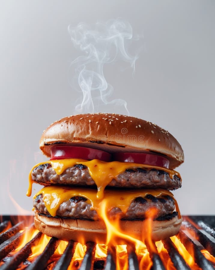 Triple Cheeseburger on a Grill with Fire. Stock Image - Image of court ...