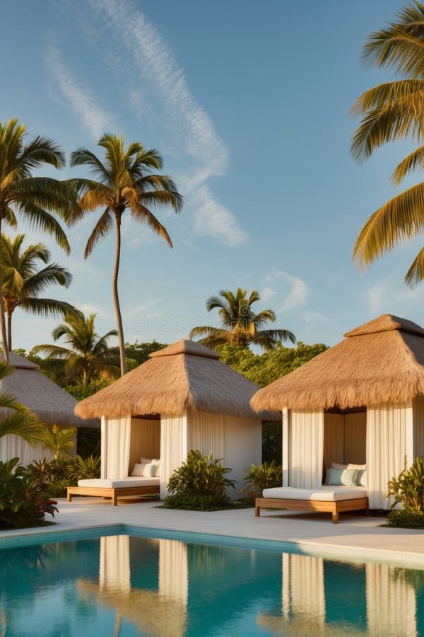Tropical Poolside Cabanas Under Clear Sky. Stock Photo - Image of ...