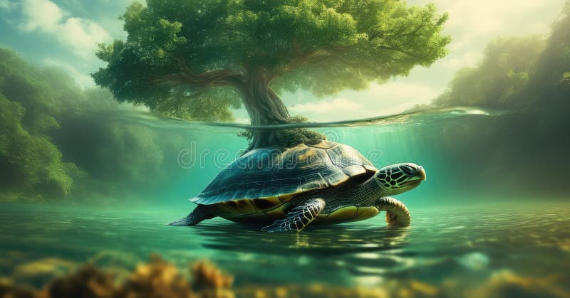 A Turtle is Swimming in the Water with a Tree on Top of it. Stock ...