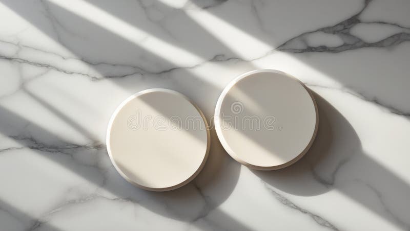 Two Cream Colored Circular Objects on a Marble Surface Display. Stock ...