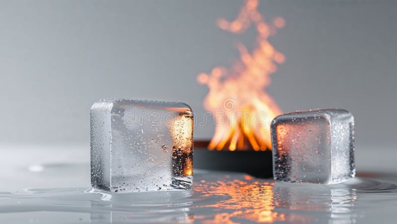 Two Ice Cubes are Melting in Front of Orange Fire Flames Stock Photo ...