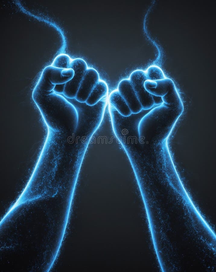 Two Interlocking Fists Made of Glowing Particles. Stock Image - Image ...