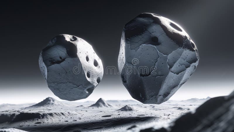Two Large Asteroids Floating Above a Cratered Celestial Body Stock ...