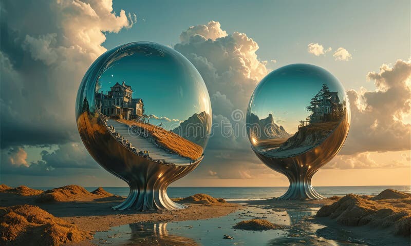 Two Large Mirrors are Reflecting a Castle in the Distance. Stock ...