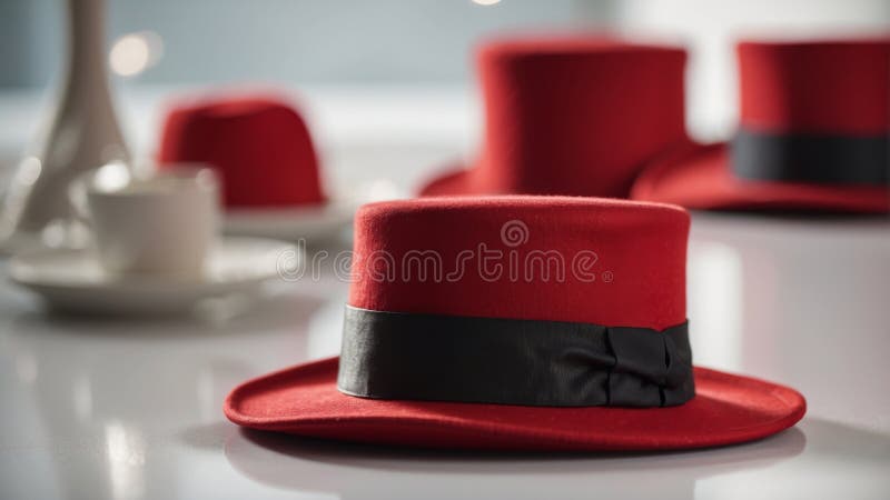 Two Red Top Hats Sit Side by Side on a White Table Surface. Stock ...