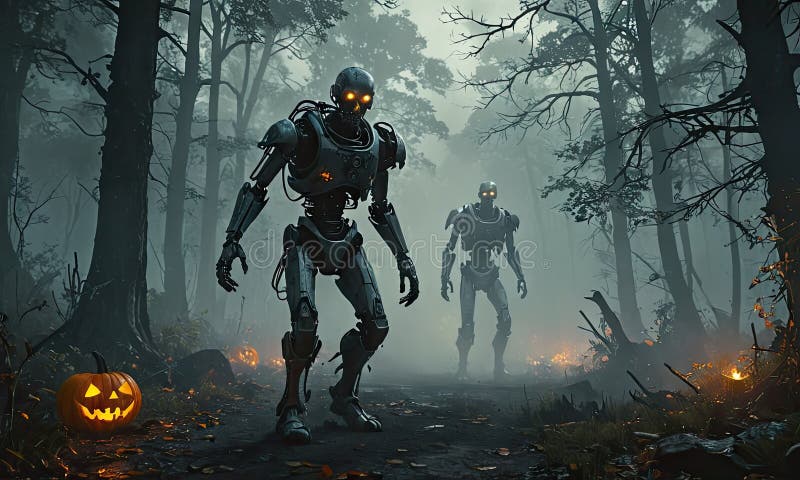 A Creepy Forest Scene with Two Robot Creatures Walking through it ...