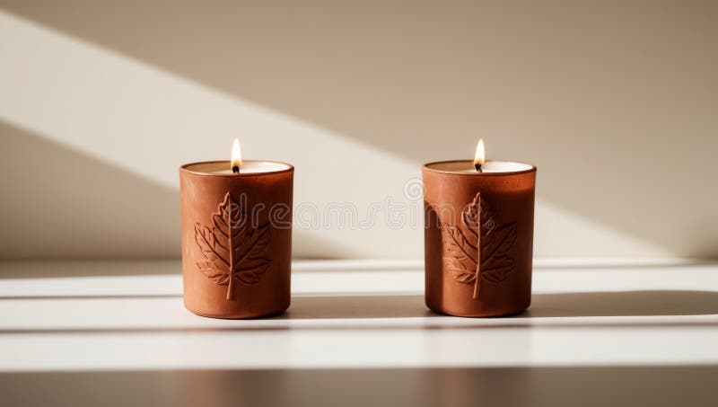 Two Rustic Brown Candles with Embossed Leaf Designs. Stock Image ...