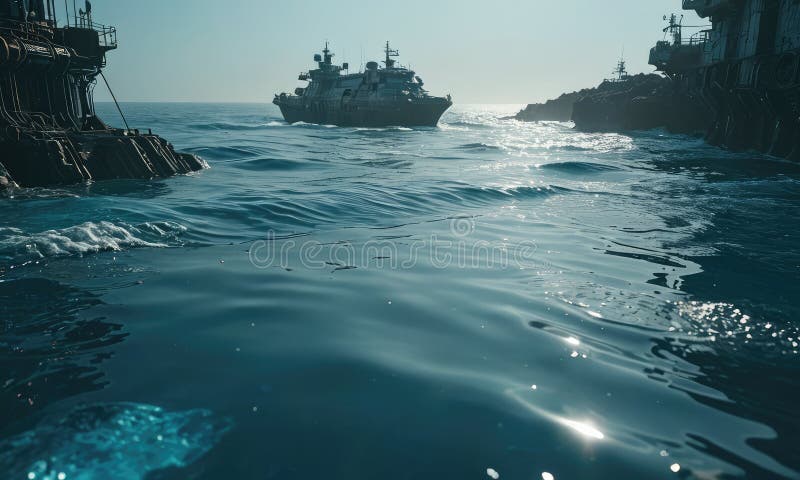 A Body of Water with Two Boats in the Distance. Stock Illustration ...