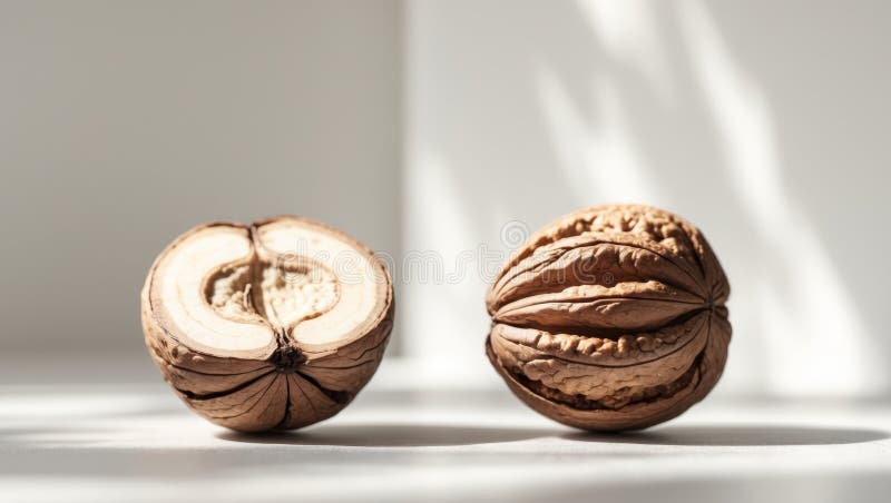 Two Walnut Halves Showcasing Front and Back Views with Contrasting ...