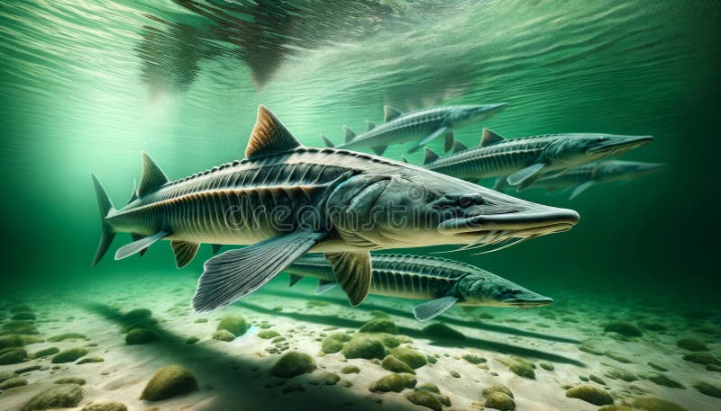 School Sturgeon Fish Underwater Clear Water River Surface Green Water ...
