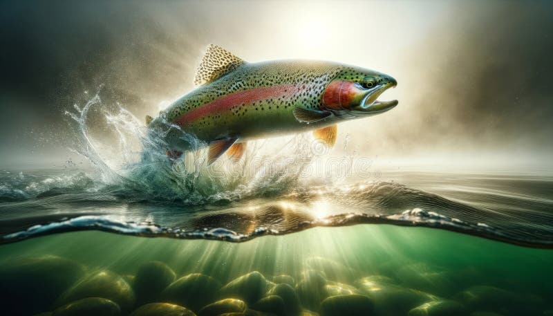 Fish Jumping Clear Water Surface Green Water Rainbow Trout Snowing AI ...