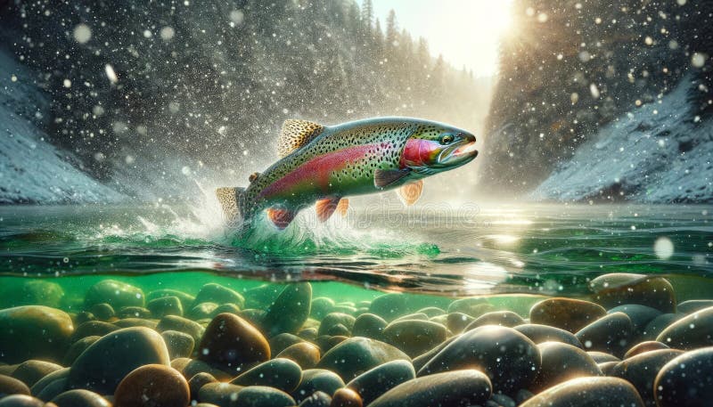 Winter River Fish Jumping Clear Green Water Rainbow Trout Snowing AI ...