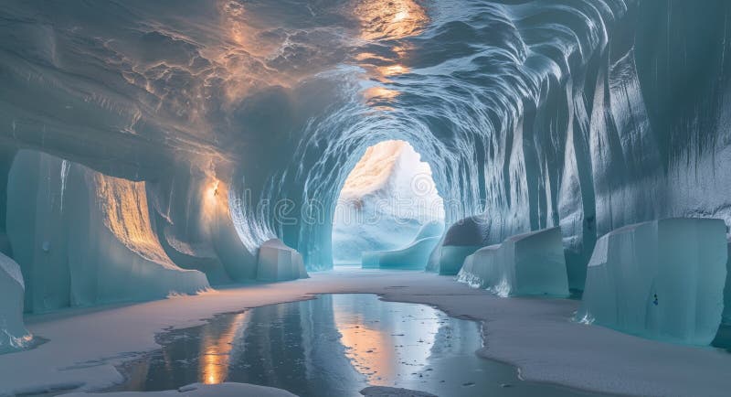 Underground Ice Cave with Glowing Reflections Stock Photo - Image of ...