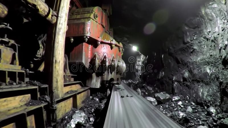 Mechanical Mining Machine with Conveyor Belt in Dimly Lit Underground ...