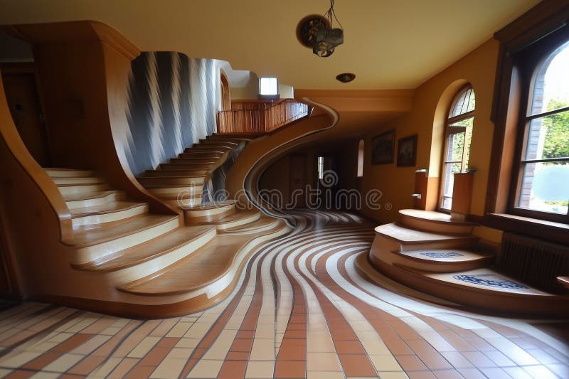 Artistic Interior with Curved Stairs and Wavy Floor Stock Illustration ...