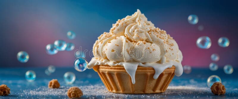 Vanilla Bubble Ice Cream with Bubbles in Waffles Cone on Blue ...