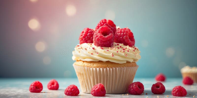 Vanilla Cream Cupcake with Raspberries on a Studio Background. Stock ...