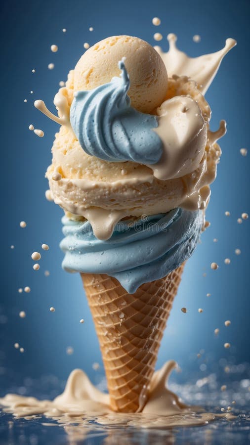 Vanilla Ice Cream Cone with Splash on Blue Background. Stock Photo ...