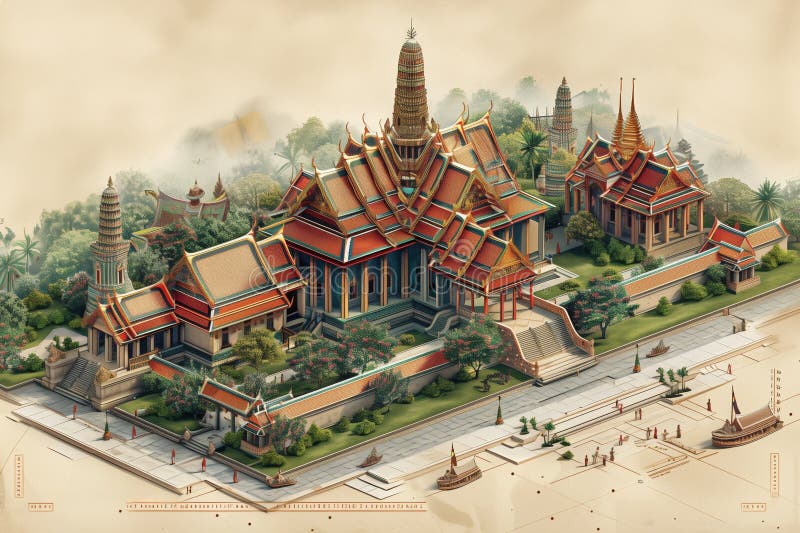Vintage Thai Temple Map Vector - AI Generated Stock Illustration ...