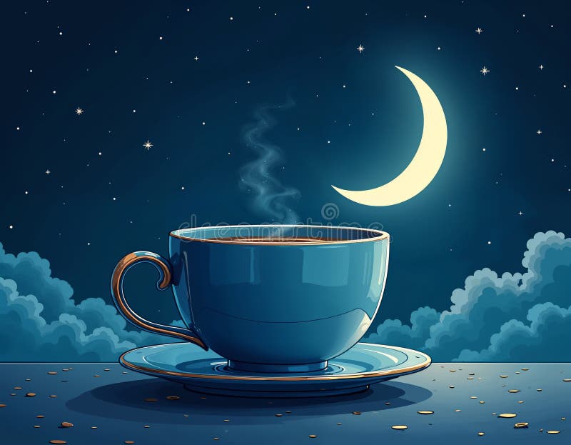 Vector of a Blue Cup of Coffee with a Crescent Moon in the Night Starry ...