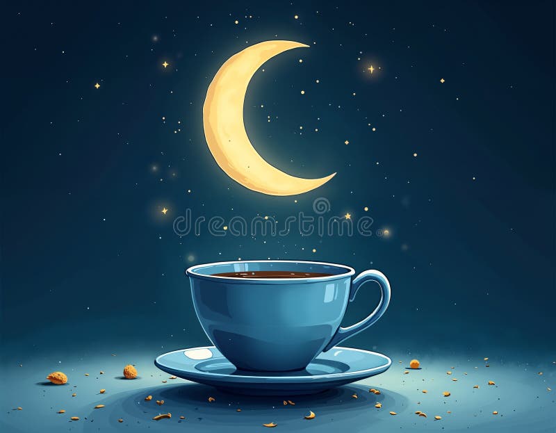 Vector of a Blue Cup of Coffee and Saucer with a Crescent Moon and ...