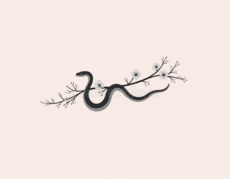 Vector of a Branch with a Black Snake Winding on it on Pale Pink ...