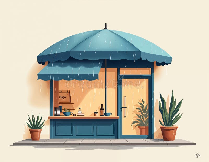 Vector of a Drawing of a Blue Umbrella that is on a Minimalist Coffee ...