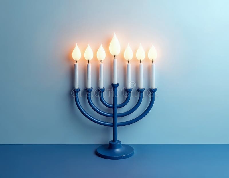 Vector Illustration of a Blue Menorah with the Candles Lighted Up on ...
