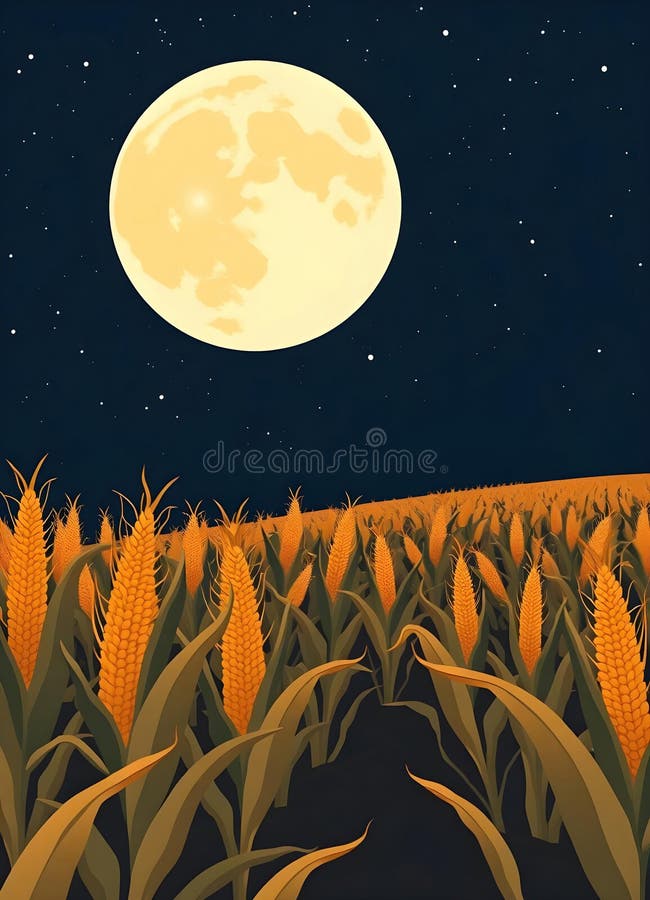 A Vector Illustration of a Corn Field with the Full Moon in the Sky ...