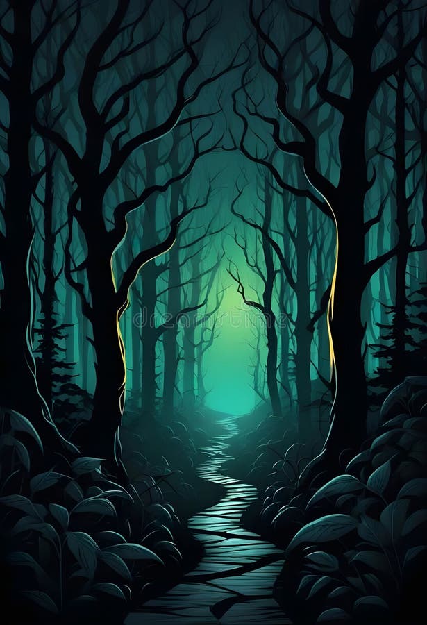 Vector Illustration of a Dark Forest with a Path in the Dark Stock ...