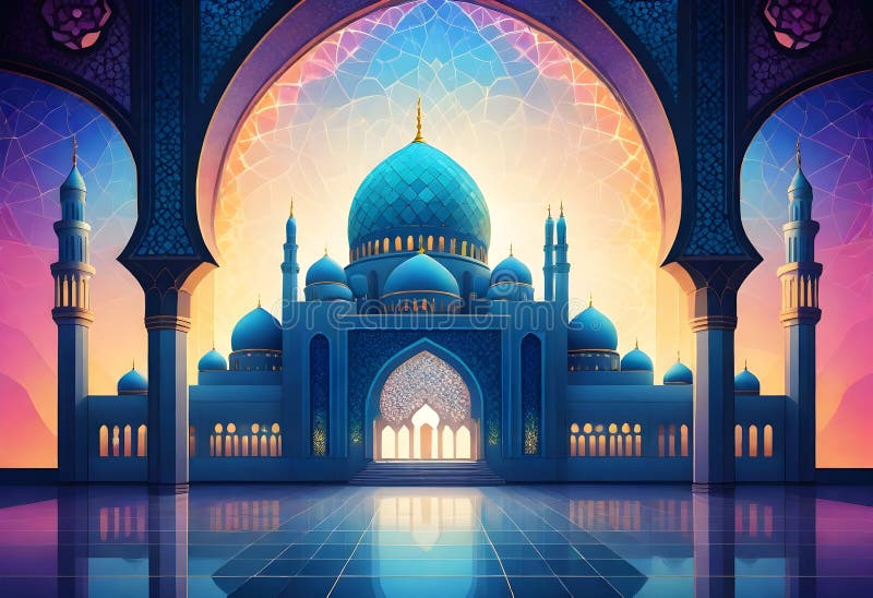 A Vector Illustration of a Mosque with a Blue Mosque on the Top Stock ...
